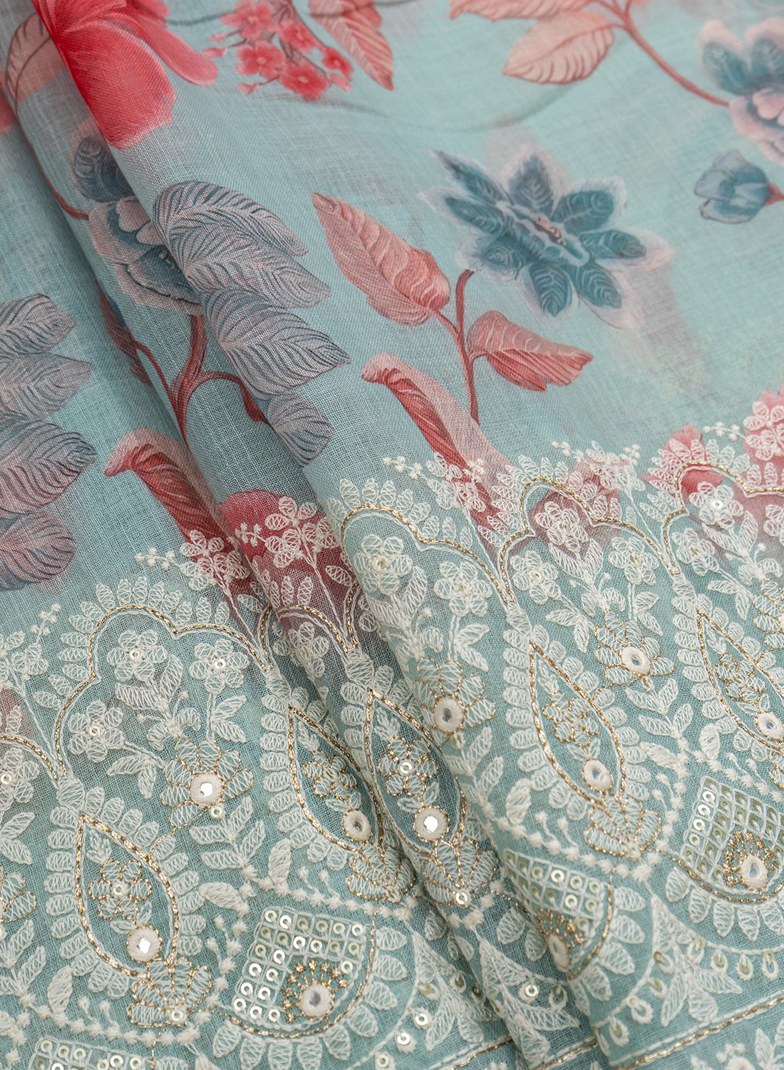 Linen Sky Blue Color Floral Digital Print Daman embroidery fabric. – Fabritale